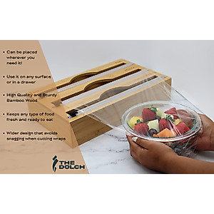 The Dolch 3 in 1 Wrap Dispenser with Cutter - Plastic Wrap Aluminum Foil and Wax Paper Organizer for Kitchen Drawer or Wall - Handy Bamboo Box for Storage - Holder Organizes Rolls -12" Roll Compatible