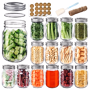 PINIWON Mason Jars 16 oz with Airtight Lids and Bands, 15 Pack Regular Mouth Canning Jars, Clear Glass Pint Jars for Canning, Pickling, Food Storage, DIY Projects, 24 Labels, Brush & String Included