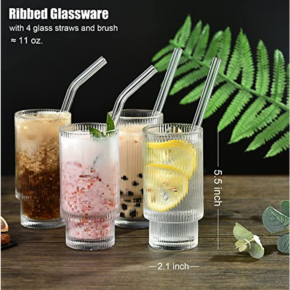 ALINK Ribbed Glassware Drinking Glasses with Straws Set of 4, Vintage Fluted Glassware Iced Coffee Cups, Origami Style Ridged Glass Tumbler for Coocktail, Whiskey, Beer, Water- 2 Cleaning Brush