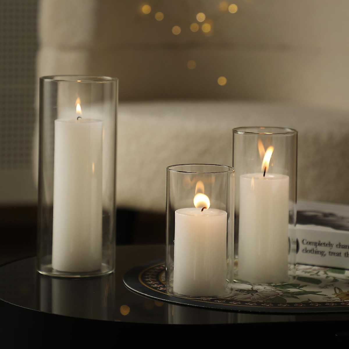 UDU Set of 12 Pillar Candles and 12 Hurricane Candle Holders, Slim Pillar Candle Holder for Pillar Candles, Cylinder Vases for Centerpieces Wedding Table Party Home Decor(2.6" X 4.7", 5.9", 7.9")