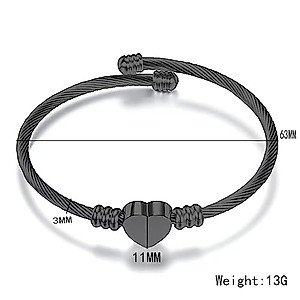 Personalized Stainless Steel Cable Wire Heart Charm Bangle Bracelet Punk Adjustable Wrist Bracelet Jewelry-Black