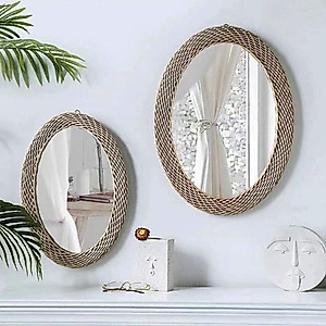 Kingjinglo Rattan Hanging Wall Mirror Innovative Art Decor Oval Dressing Makeup Mirrors