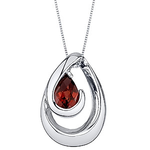 PEORA Red Garnet Wave Solitaire Pendant Necklace for Women Sterling Silver, Natural Gemstone Birthstone, 0.75 Carat Teardrop Pear Shape 7x5mm, with 18 inch Italian Chain