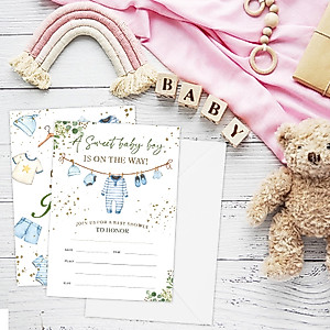 Whaline 25 Sets Boy Baby Clothes Baby Shower Party Invitations with Envelopes Stickers Blue Cute Party Invitation Paper Cards Fill-In Invites for Birthday Gender Reveal Party Supplies, 5 x 7 Inch
