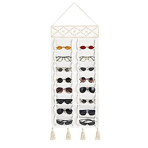 Mkono Sunglasses Organizer Macrame Hanging Glasses Storage Holder Dust Proof with 16 Pockets and Decorative Tassels Boho Decor Sunglass Eyewear Display Organizer Rack for Wall and Door