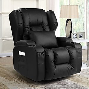 URRED Nursery Rocking Chair Glider, Swivel Rocker Recliner Chairs, Glider Rocker Nursery Recliner with Cup Holders, Side Pockets, Manual Recliner, Faux Leather (Black)