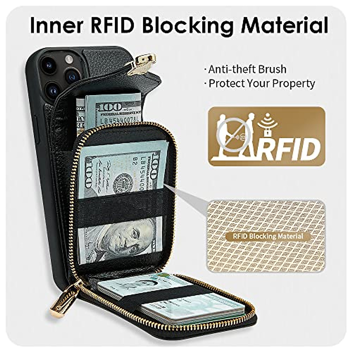 JLFCH ROMIELA Series iPhone 14 Pro Wallet Case, Crossbody Chain Strap Case Zipper Leather Purse RFID Blocking with Card Holder Lanyard Women Protective for Apple iPhone 14 Pro, 6.1 inch - Black