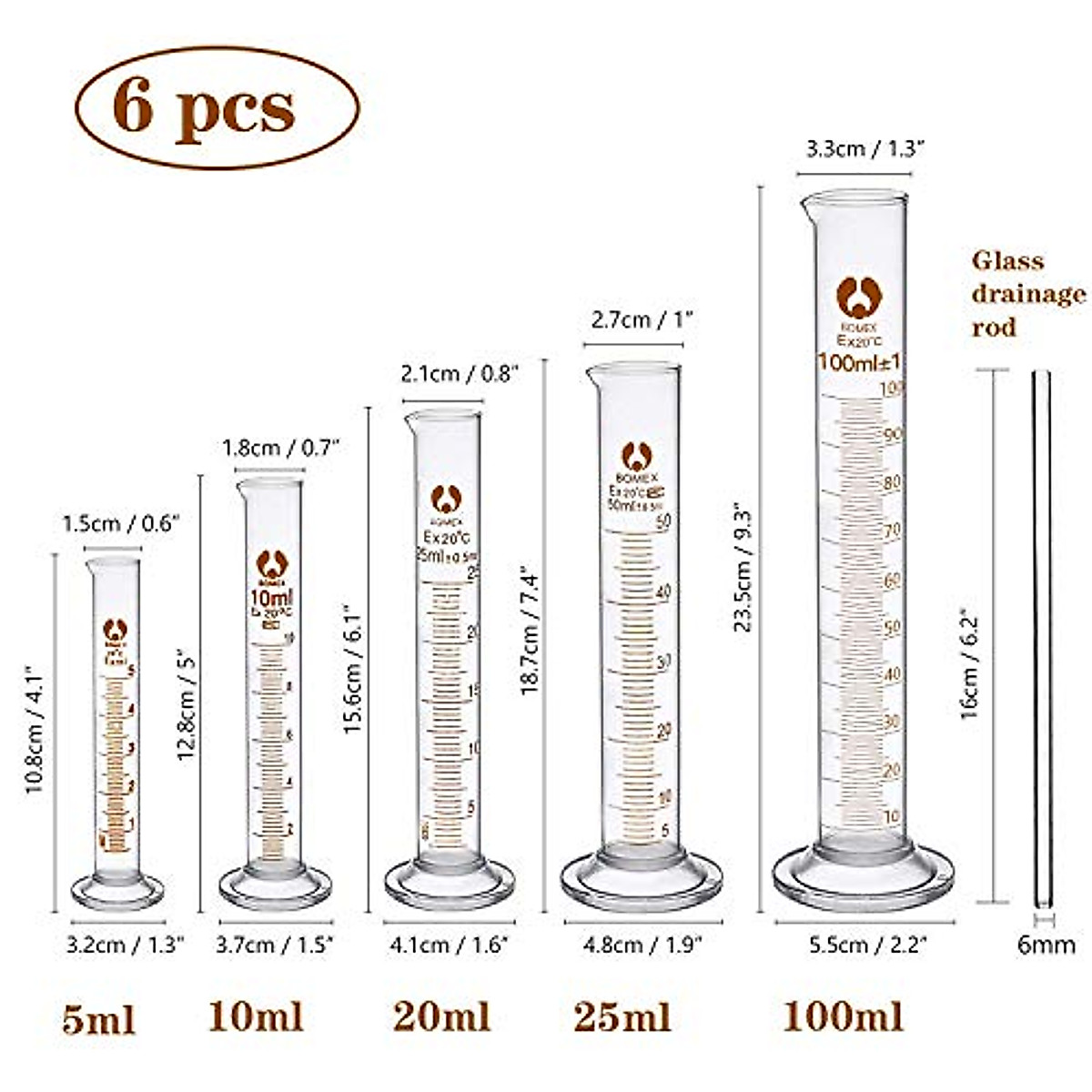 FEIGO 5 Pack Glass Graduated Cylinder 5ml 10ml 25ml 50ml 100ml Lab Measuring Cylinders Set with 1 Stirring Rod