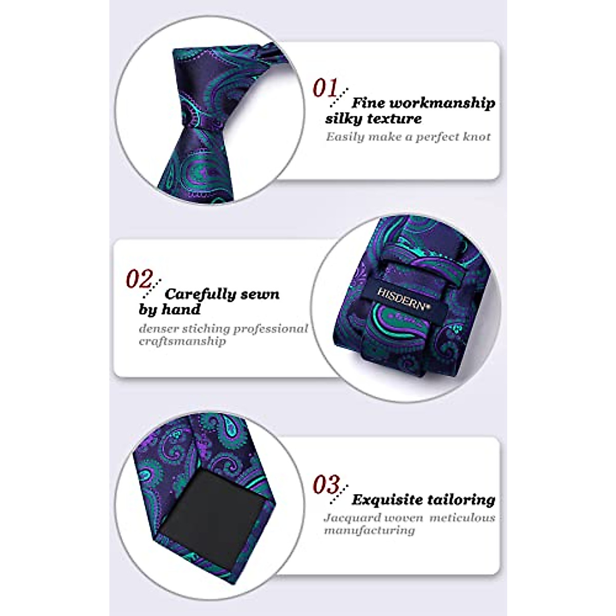 HISDERN Ties for Men Purple Paisley Mens Tie and Pocket Square Blue Woven Classic Business Mens Necktie Handkerchief for Wedding Party