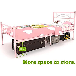 Pink Twin Bed Frame for Girls, Bed Mattress Foundation Support with Headboard and Footboard No Box Spring Need Metal Platform Bed
