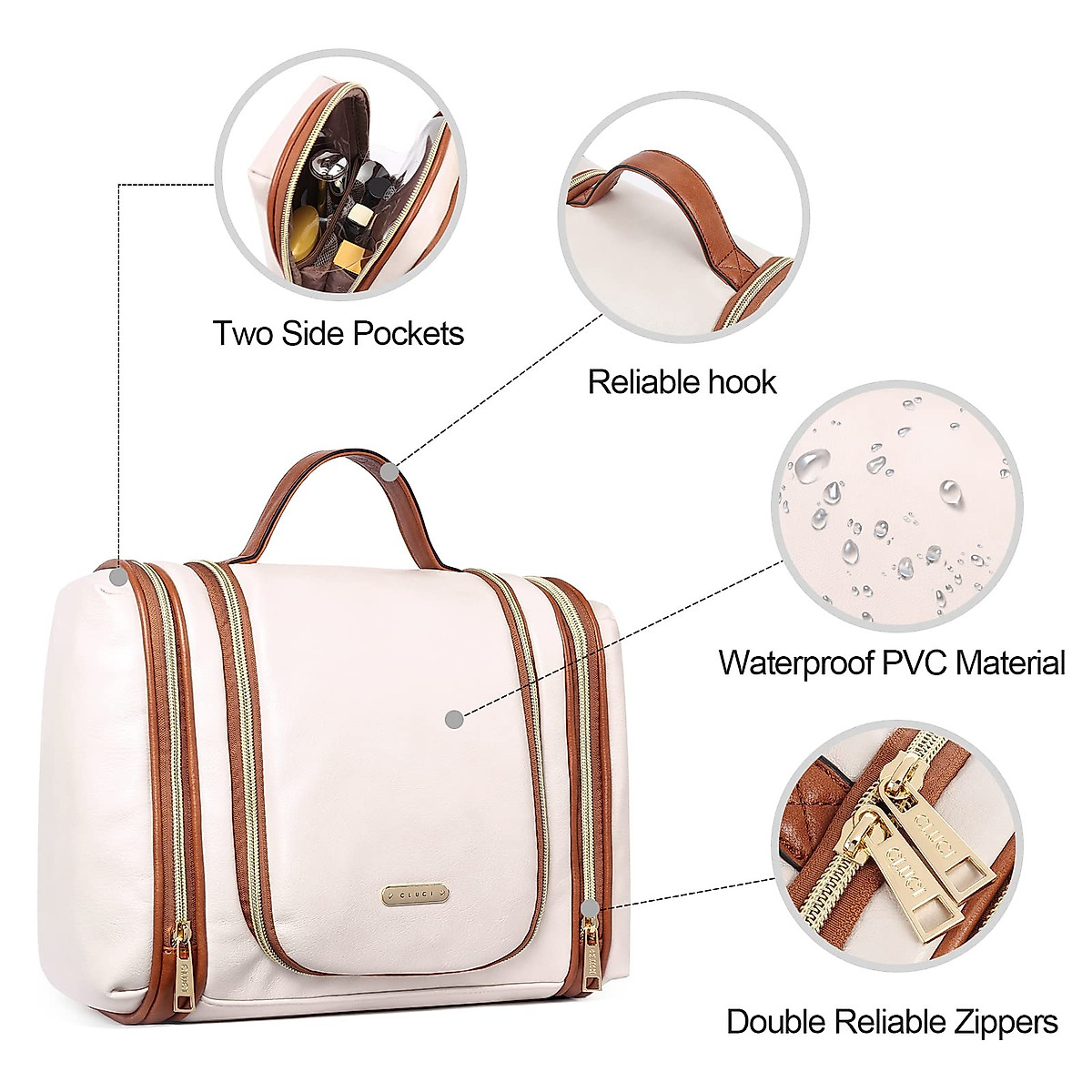 CLUCI Toiletry Bag Travel Bag, with Hanging Hook Water-resistant Makeup Cosmetic Bag Travel Organizer for Accessories Shampoo Full Sized Container Toiletries, Off White