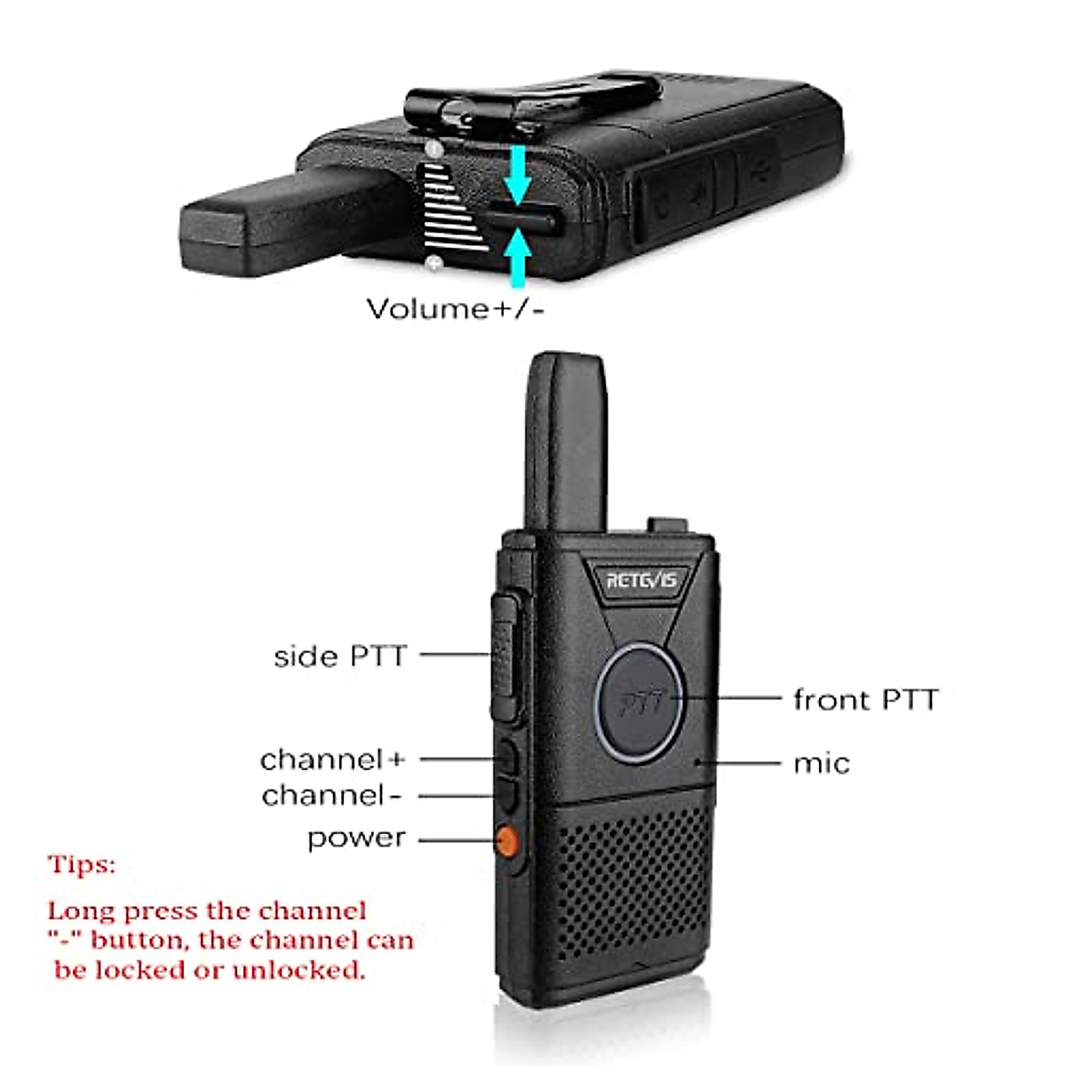 Retevis RT18 Rechargeable Walkie Talkies,Portable FRS Two-Way Radios,Dual PTT,Metal Clip,Small Mini Walkie-Talkie for Seniors Skiing Family Camping Elderly Easter Basket Stuffers for Kids(2 Pack)