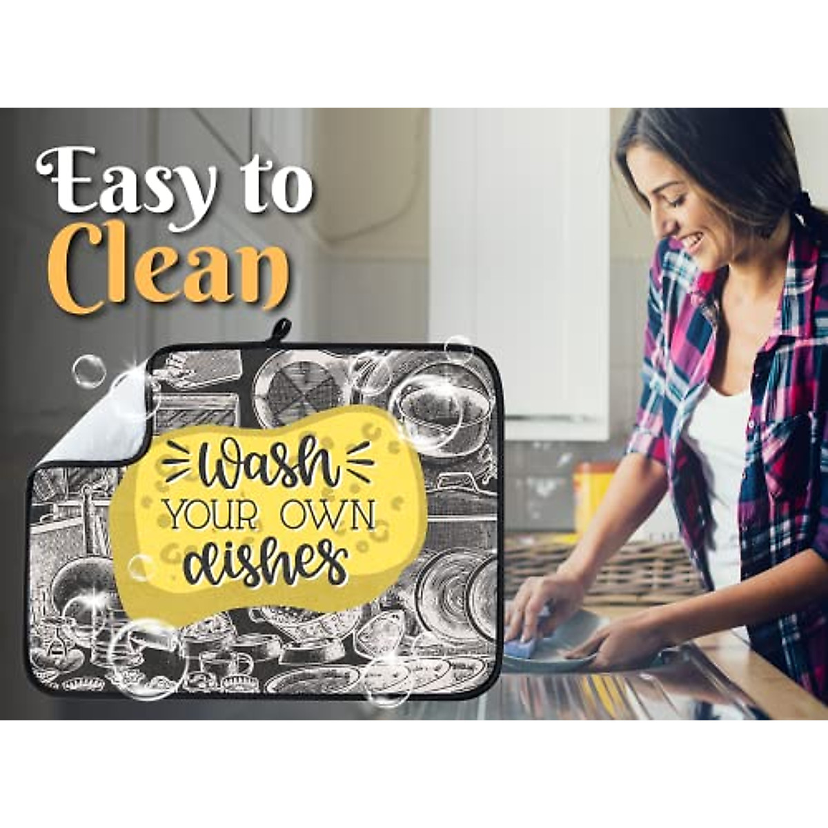 Dish Drying Mat for Kitchen Counter, Best Housewarming & Kitchen Gifts for New House, 16"x22",Absorbent Microfiber, Comes with Faucet Splash Catcher, Unique Design, Gift Box Ready-Wash Dishes