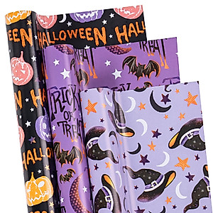 RUSPEPA Halloween Wrapping Paper Rolls - Mini Roll - Perfect for Halloween, Autumn, Holiday - 17 inches x 10 feet per Roll, Total of 3 Rolls - Bat, Pumpkin, Witch Hat