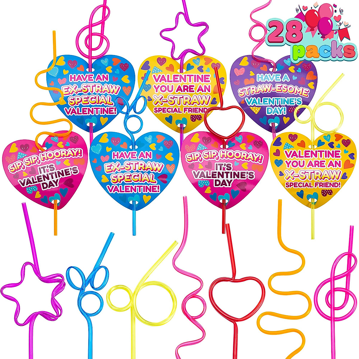 JOYIN 28 Pack Valentines Day Gift Cards with Gift Colorful Crazy Loop Reusable Drinking Straws for Classroom Exchange Prizes, Valentine Party Favors Toy