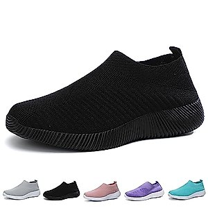 Boxpopla Women's Knit Slip-on Walking Shoes Lightweight Soft Comfortable Sports Sock Shoe Breathable Casual Running Sneakers (Black,9)