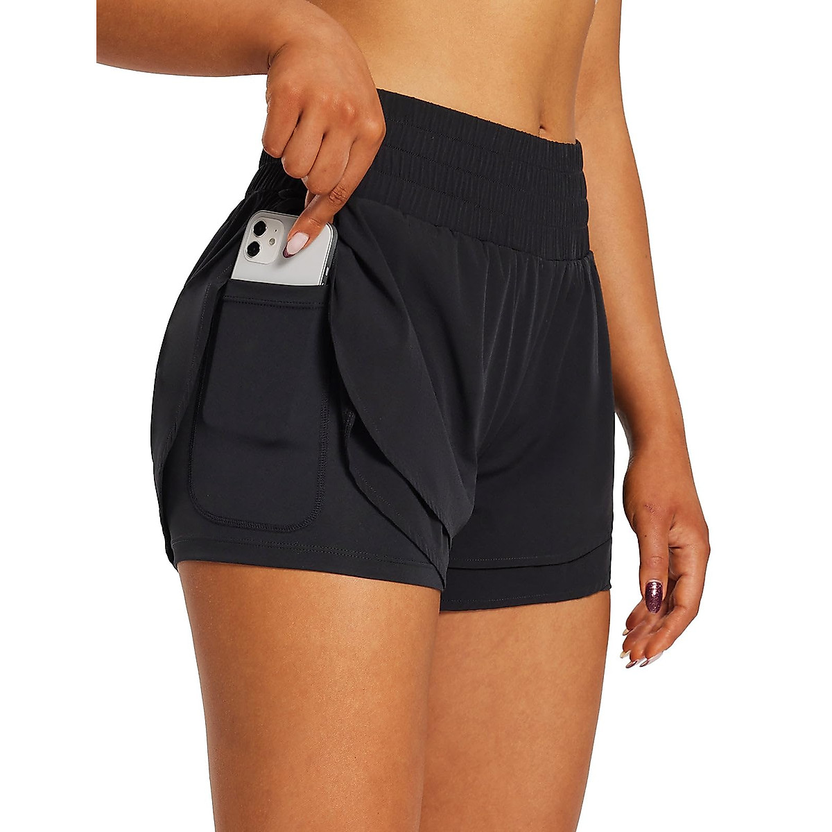 BALEAF Women's Workout Running Shorts 2 in 1 Spandex High Waisted 3" Athletic Shorts with Liner Pockets Black S