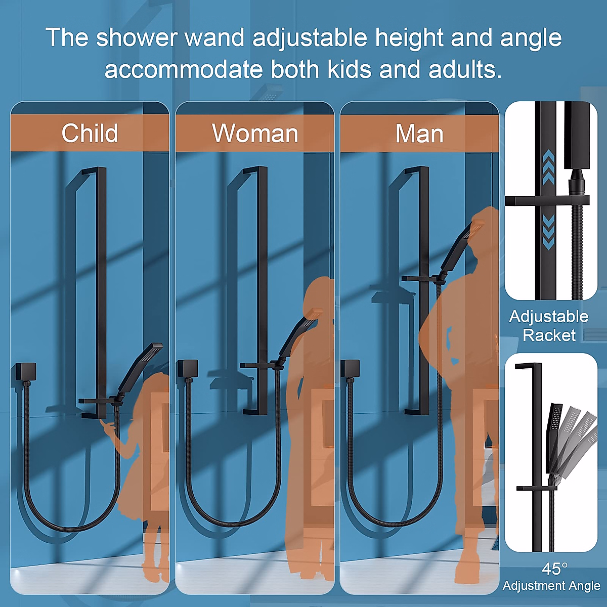 YUESIMATE Round Hand Held Shower Head with Slide Bar, Brass Shower Slide Bar Matte Black, Adjustable Height Shower Head with Handheld Spray, Shower Wand Holder, 59.06-Inch Shower Hose