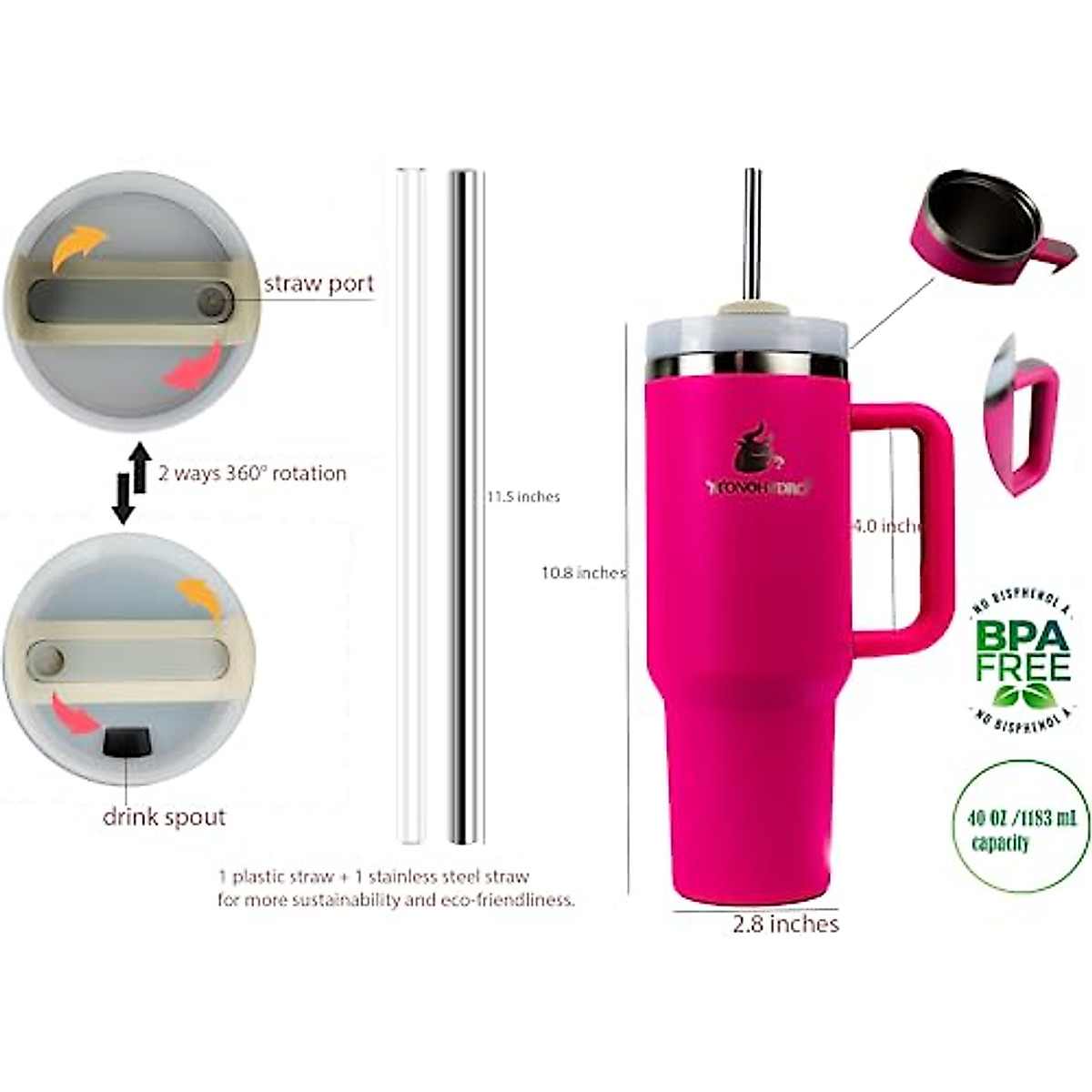 MONOHYDRO 40 oz Tumbler with Handle and Straw - tumbler with straw Stainless Steel Insulated Cup -stainless steel straw, Eco-friendly Materials - maintain temperature - Christmas Gift - Pink