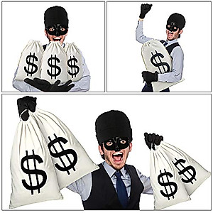 Auihiay 4 Pieces Robber Costume Set Include Canvas Dollar Sign Money Bag Bandit Eye Mask Knit Beanie Cap Gloves for Halloween Cosplay Burglar Theme Party