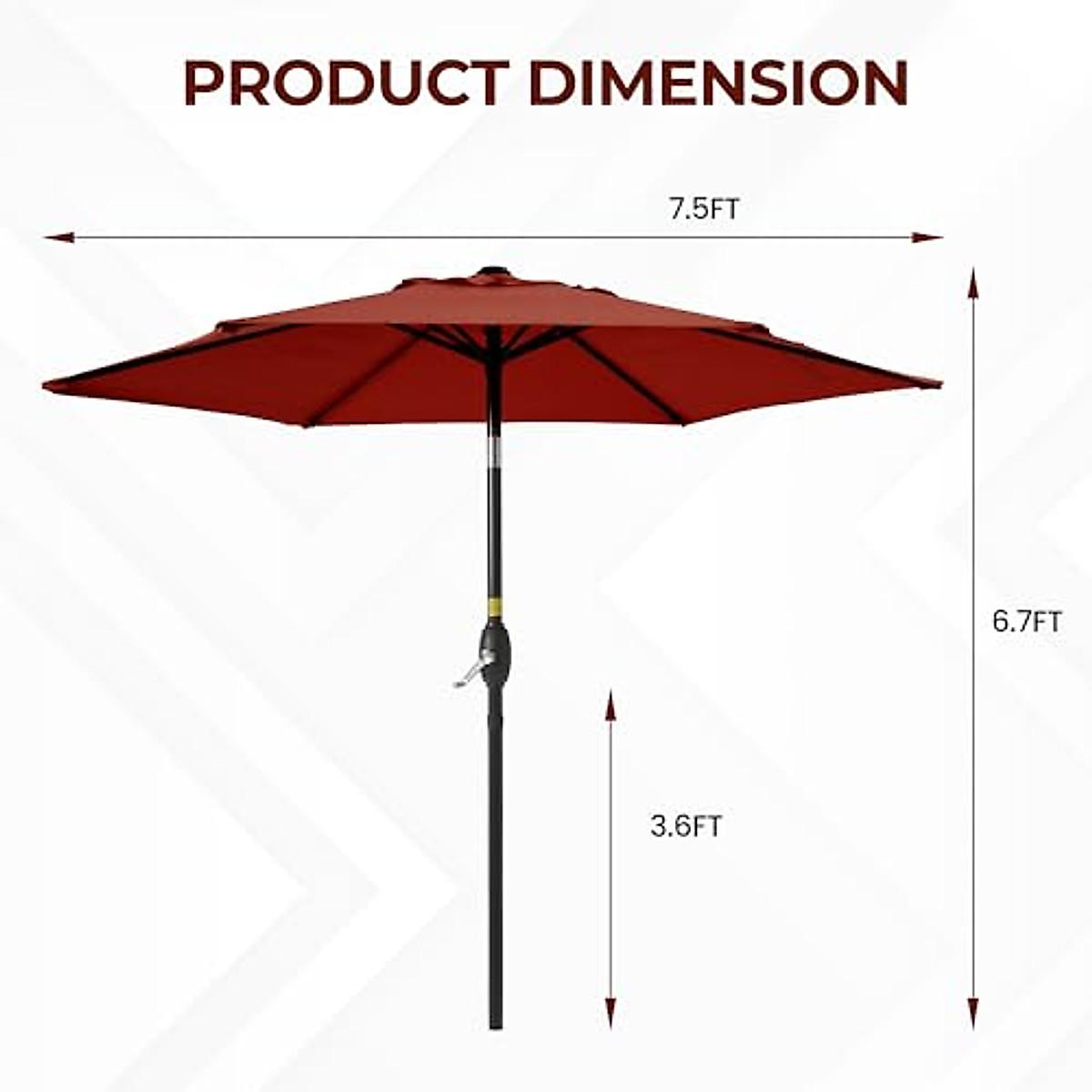 SUNVIVI OUTDOOR 7.5' Outdoor Patio Umbrella, Patio Umbrella, Market Umbrella, Luxury Aluminum Pole Umbrella with Push Button Tilt and Crank, 6 Ribs, Polyester Canopy, Red