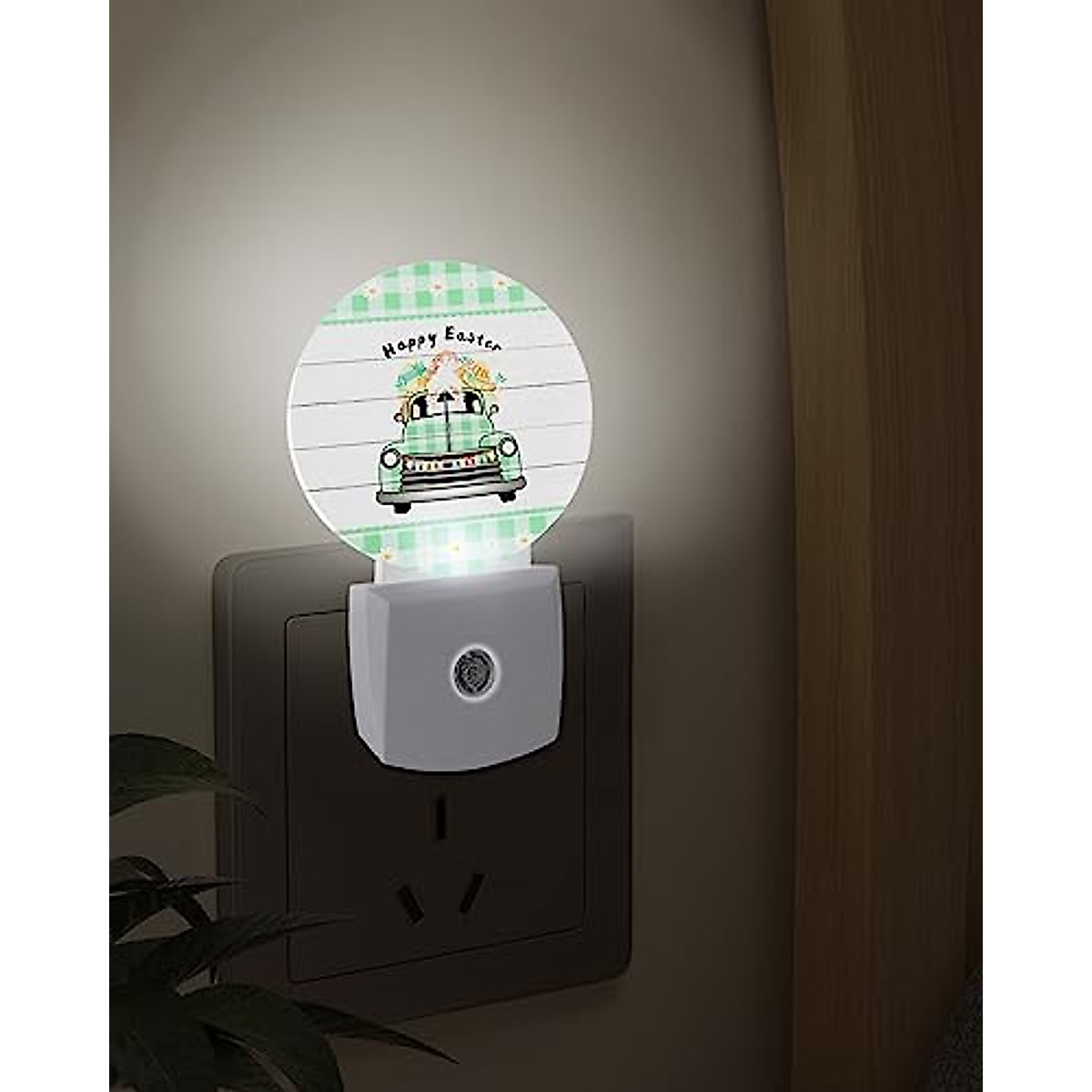 Night Light Plug into Wall, LED Nightlights Happy Easter Truck Green White Buffalo Plaid Rustic Wood Grain Small Nightlight Auto Dusk-to-Dawn Sensor Lamp LED Night Lights for Kid's Bedroom, Bathroom