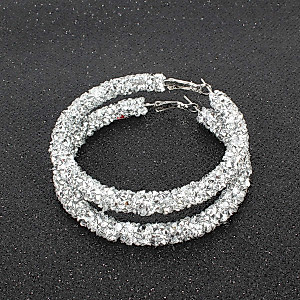 Silver Glitter Hoop Earrings for Women Bohemian Sparkle Resin Rhinestone Wrapped Big Hoop Dangle Earrings Jewelry