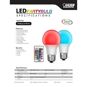 Feit Electric A19 LED Party Light Bulbs, Color Changing, Remote Control, 5 Watts, E26 Standard Base, 80 CRI, 120V, 13 Years Lifetime, Damp Rated LED Bulbs, 2 Pack, A19/RF/PARTYLED/2