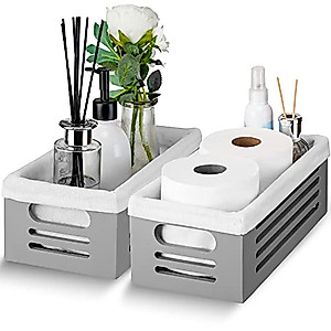 2 Pack Gray Bathroom Decor Box Toilet Tank Basket Topper - Wood Bathroom Baskets - Back of Toilet Storage Basket for Toilet Paper storage, Lined with Soft Linen Fabric - Countertop Organizer