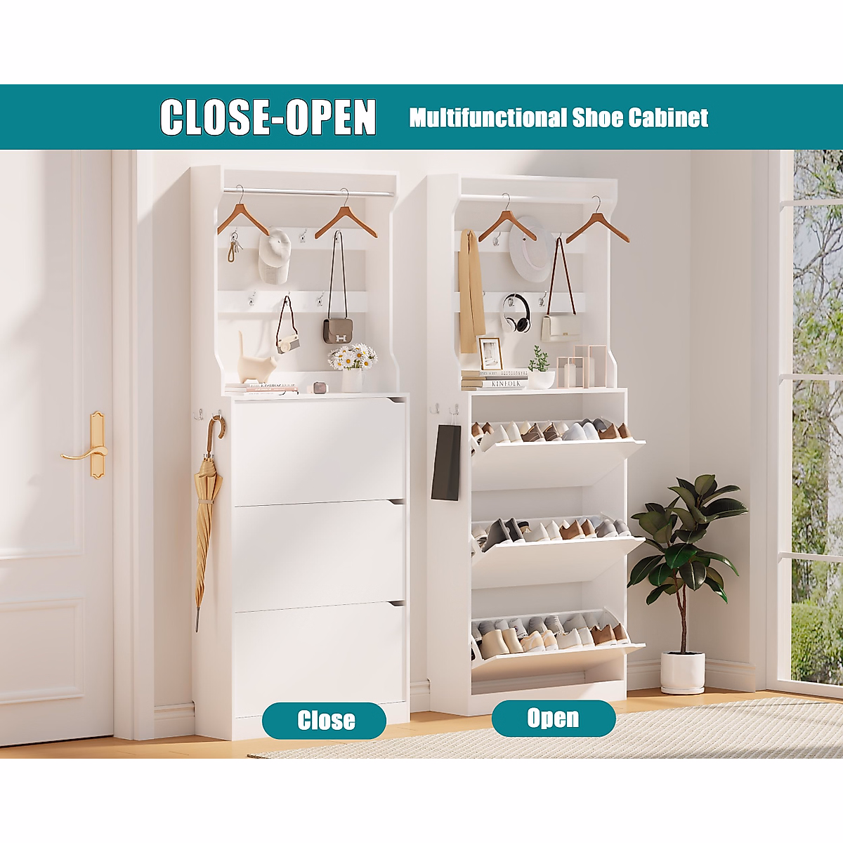 Shoe Cabinet for Entryway with 3 Flip Drawers, White Tall Wood Shoe Storage Cabinet with Coat Rack, Narrow Hidden Slim Freestanding Shoe Rack Organizer, 2 in 1 Hall Tree for Living Room, Hallway