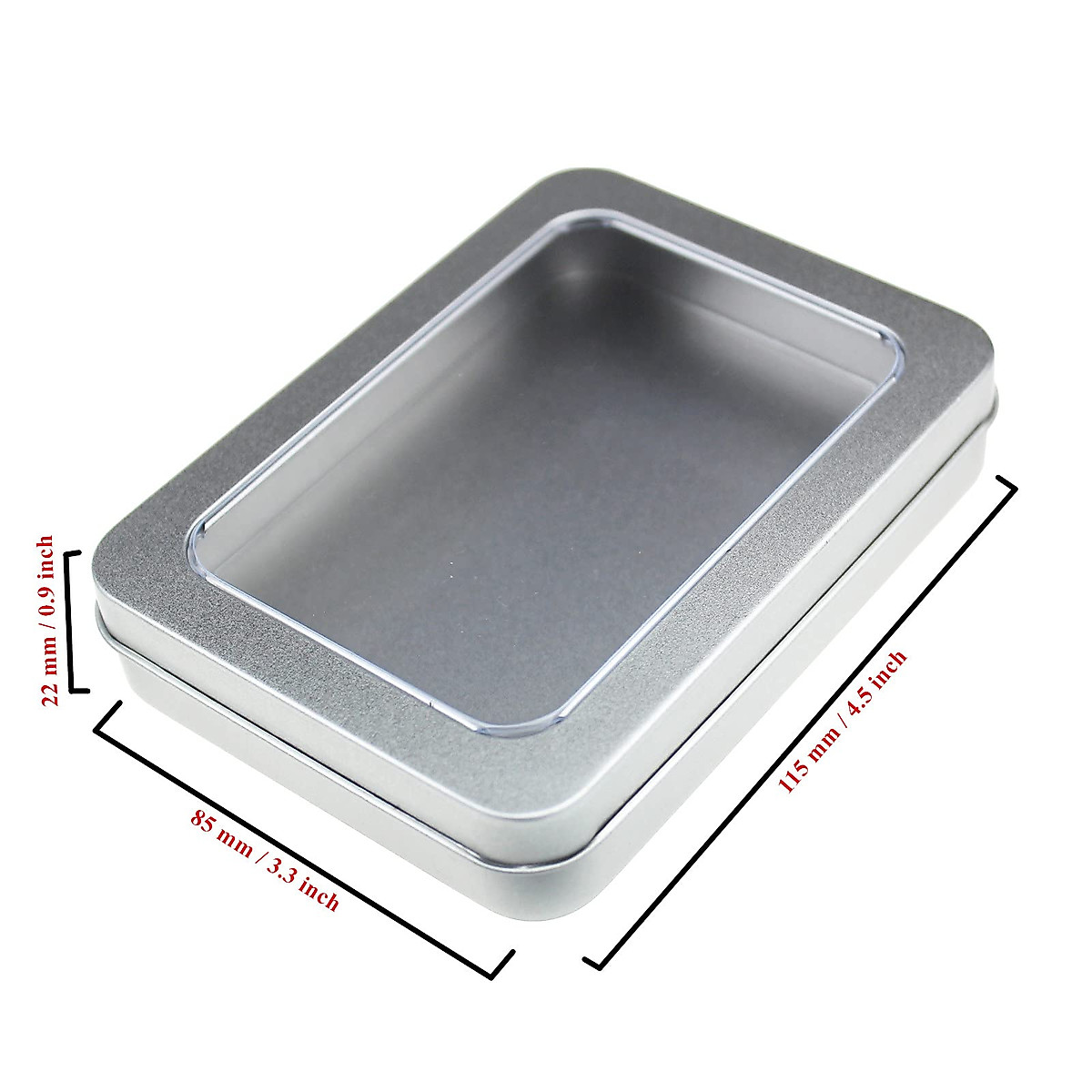 12 Pack Empty Rectangular Metal Storage Organizer Tins with Clear Window Hinged Lids for Small Items and Other Craft Projects, 4.5 x 3.3 x 0.9 inch (Silver)