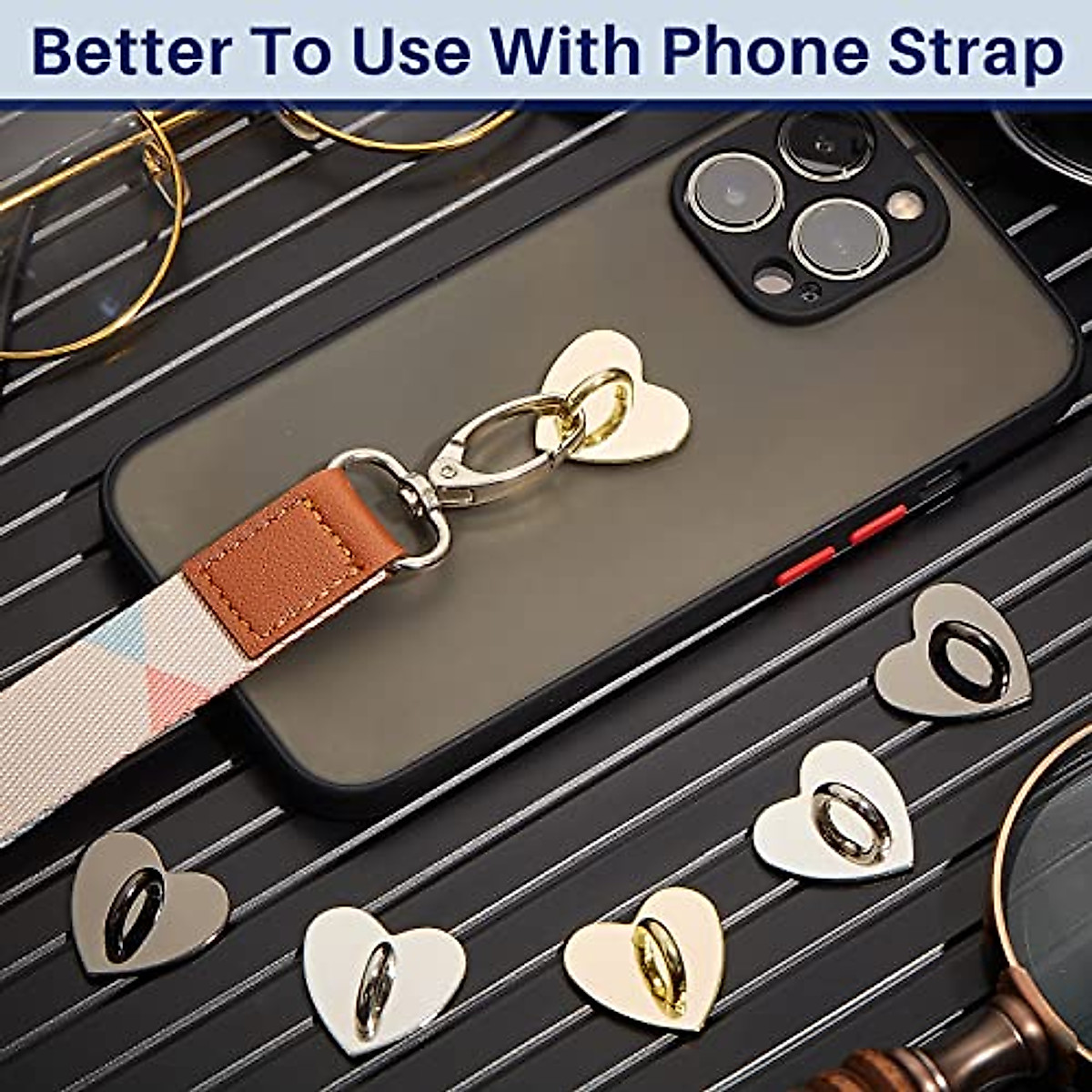 Moxweyeni 6 Pcs Cell Phone Ring Holder Stand Phone Ring Holder Adhesive Metal Phone Finger Grip Universal Ring Holder for Cell Phone Tablet, Sticky Phone Charms Accessories (Heart Shaped)