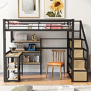 Bellemave Full Loft Bed with Desk Metal Loft Bed with Bookcase, Storage Staircase and 4-Tier Shelves, Full Size Loft Bed for Kids, Teens, Adults, Black