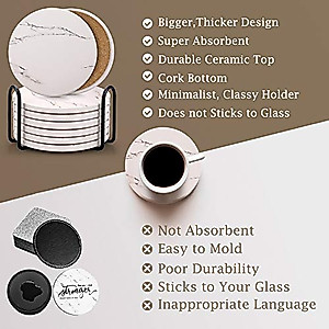 Coasters for Drinks, Absorbent Ceramic Stone Coasters Set with Metal Holder Stand, Cork Base, Marble Surface Pattern, Cups Place Mats for Home Decor, Set of 6 - White
