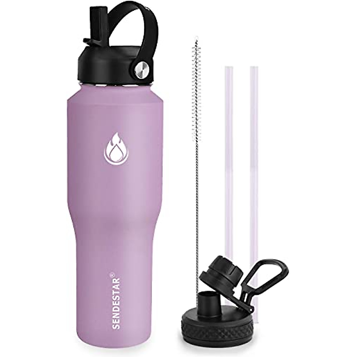 SENDESTAR Water Bottle 32oz-64 oz,2 Lids(Straw lid),Wide Mouth Stainless Steel Vacuum Insulated Double Wall Keep Liquids Cold or Hot All Day,Sweat Proof Sport Design (32 oz, 32oz-Lilac)
