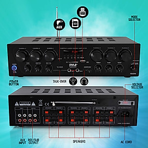 Pyle Wireless Bluetooth Karaoke-6 Channel 750 Watt Home Audio Sound Power Stereo Receiver Amplifier w/USB, Headphone, 2 Microphone Input w/Echo, Talkover for PA PTA62BT, AUX, Black