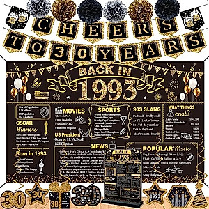30th Birthday Decorations for Men Women,16PCS Back in 1993 Banner 30 Year Old Party Decorations,Including Vintage 1993 Banner,1993 Poster Anniversary Card,Cheers to 30 years banner,7 Hanging Swirl,6 paper Poms,30th Birthday Gifts for Men