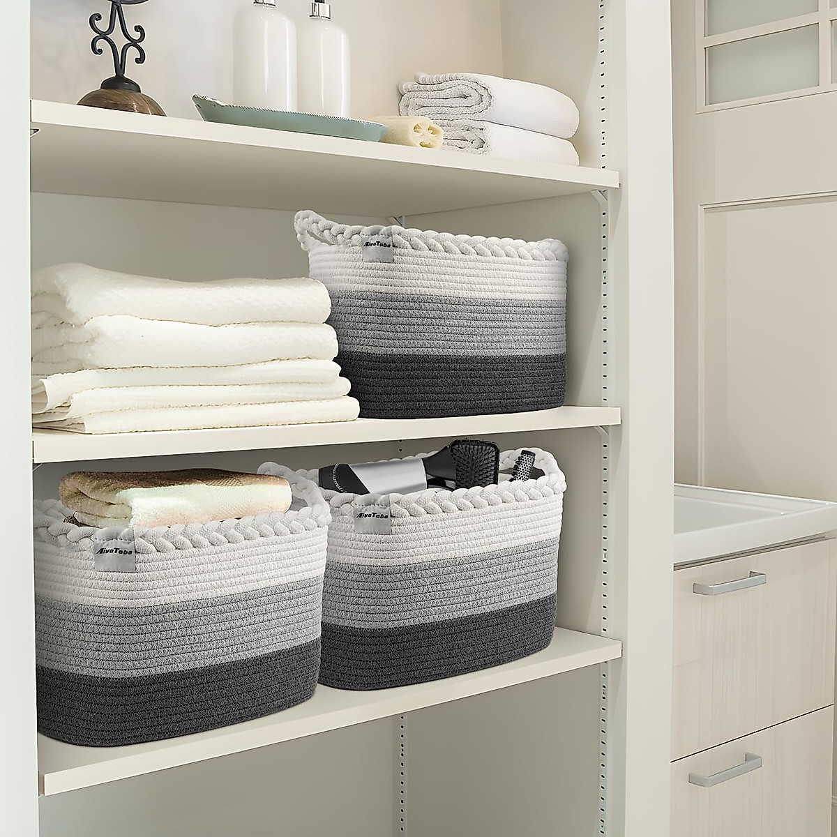 AivaToba 3 Pack Storage Basket: Toy Basket Cotton Rope Basket with Handles - Decorative Basket for Clothes, Blankets, Toys, Books（ 13.4” x 8” x 9” ）