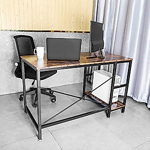 Industrial Style Tower Computer Desk with 3 Tier Shelves - 47.2'' Multi Level Writing Study Table with Bookshelves Modern Steel Frame Wood Desk Compact Home Office Workstation (Brown)