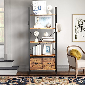 oneinmil 5-Tier Bookshelf with 2 Storage Drawers, Industrial Display Standing Shelf, Rustic Wood Storage Shelf with Metal Frame, Open Bookcases for Living Room, Bedroom, Home Office (Brown)