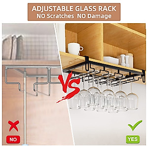 BUDO Wine Glass Rack Under Cabinet, 4 Rows Nail Free Wine Glass Holder Under Shelf, Adjustable Stemware Storage Drying Hanger Organizer for Kitchen Cabinet Bar (Black)