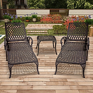 Villeston Chaise Lounges for Outside - Lounge Chairs Outdoor Set of 3 Pool Tanning Chair Adjustable Patio Recliner with End Table Cast Aluminum for Beach Yard, Antique Bronze