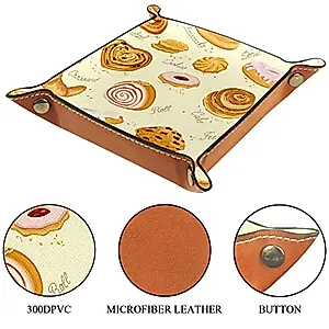 Leather Valet Tray, Dice Tray Folding Square Holder, Dresser Organizer Plate for Change Coin Key, Cartoon Cake Donut Bread