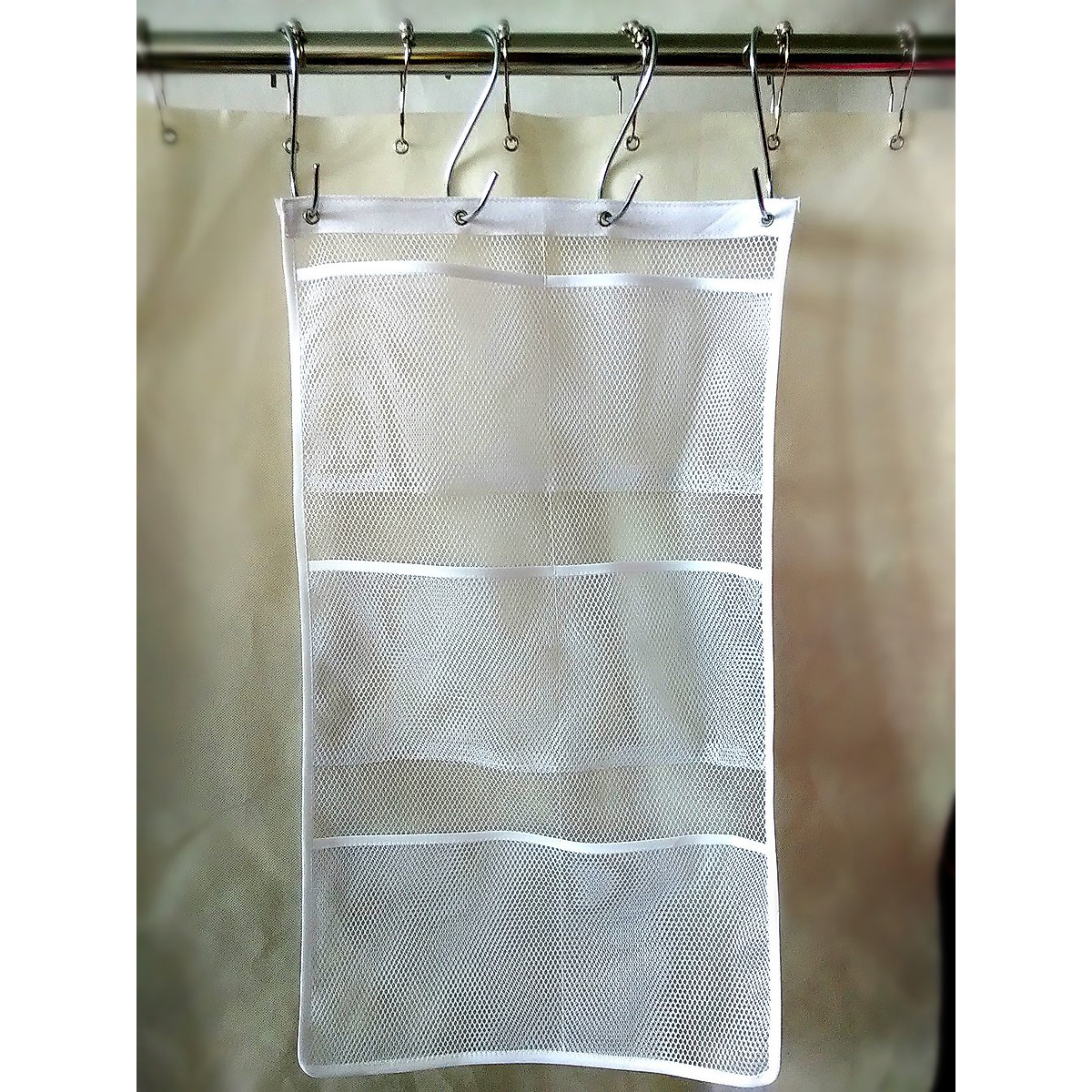 ALYER 6 Storage Pockets Hanging Mesh Shower Caddy,Space Saving Bathroom Accessories and Quick Dry Bath Organizer,White