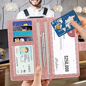 ACdream Checkbook Cover, Leather RFID Blocking Check Book Wallet, Protective Premium Business and Personal Duplicate Checks Holder, with Credit Card Slots for Women Men, Glitter Rose