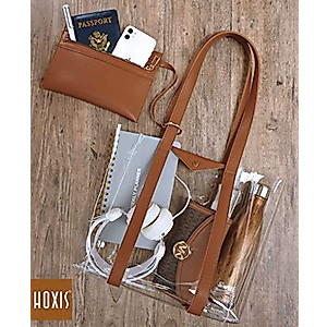 Clear Tote with Vegan Leather Pouch Women Weekender PVC Handbag Shopper Work Bag (Brown)