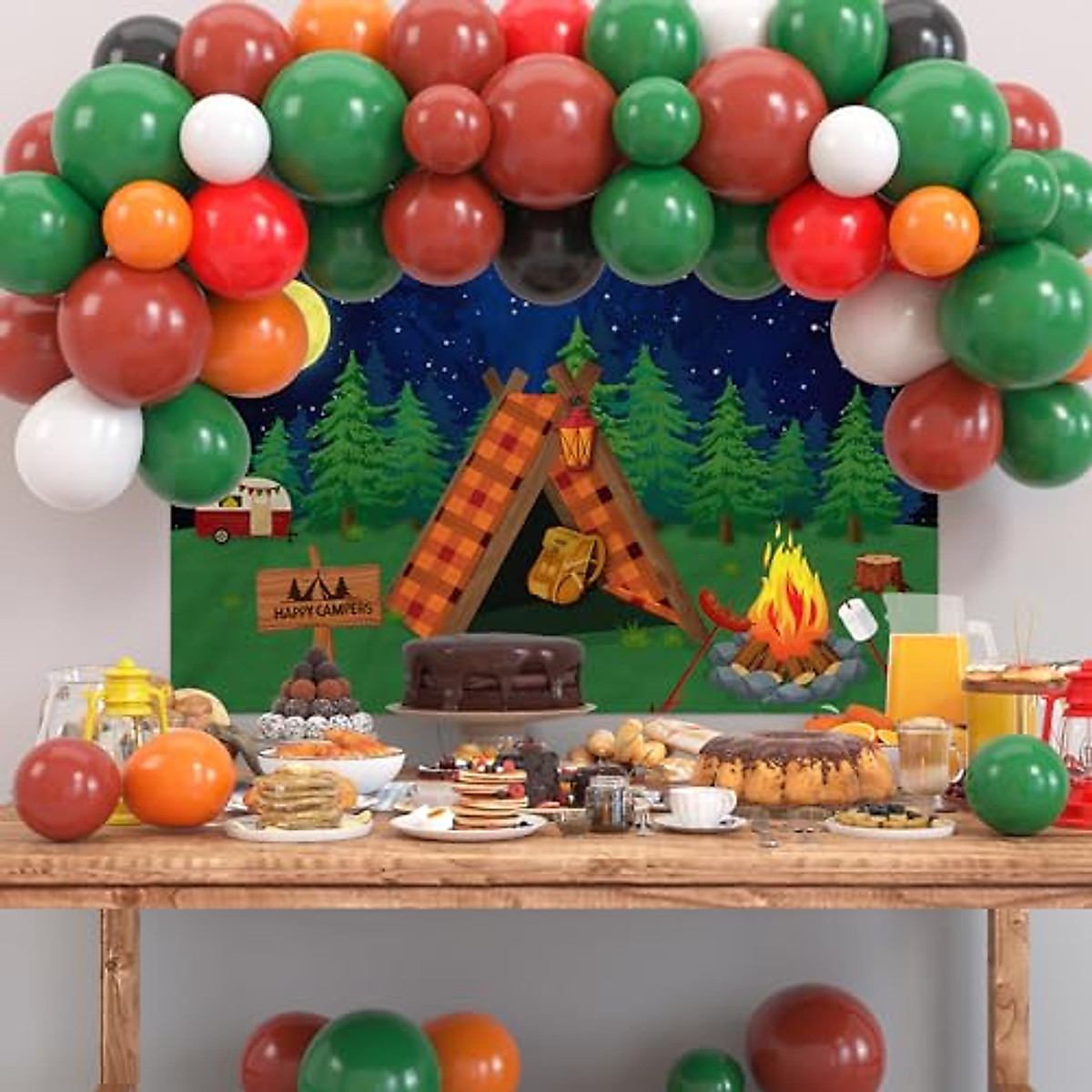 Vansolinne Camping Party Decorations Camping Adventure Happy Camper Night Forest Campfire Tent Scene Backdrop Banner & Balloons Garland Kit, Theme Birthday Classroom Decor Background Photo Props