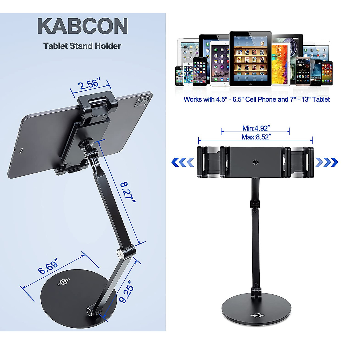 KABCON Tablet Stand,Tightness Adjustable 360°Rotatable Multi-Angle Eye-Level Aluminum Solid Long Arm Tablets Stands for iPad Series,Microsoft Surface Tablet Series,Samsung Galaxy Tabs,Kindle Fire,etc