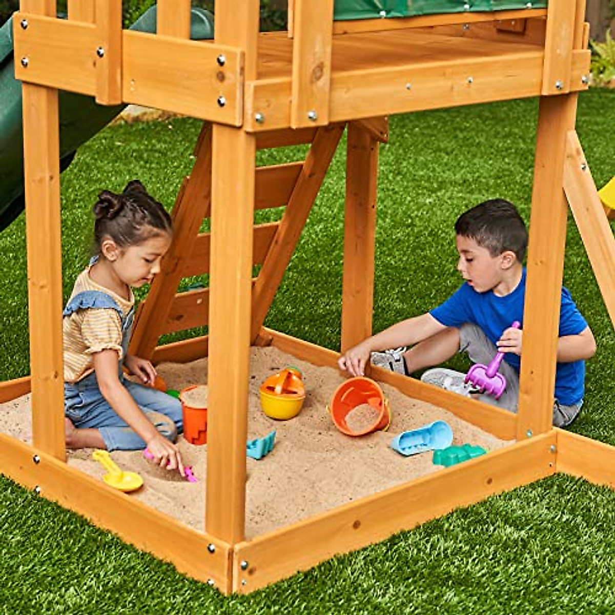 KidKraft Appleton Wooden Swing Set/Playset with Swings, Slide, Rock Wall, Chalkwall, Clubhouse and Sandbox, Ages 3-10, Amazon Exclusive Multicolor