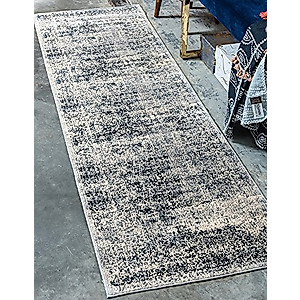 Unique Loom Chateau Collection Distressed, Textured, Vintage, Border, Rustic, Traditional Area Rug, 2 ft 2 in x 6 ft 7 in, Navy Blue/Beige
